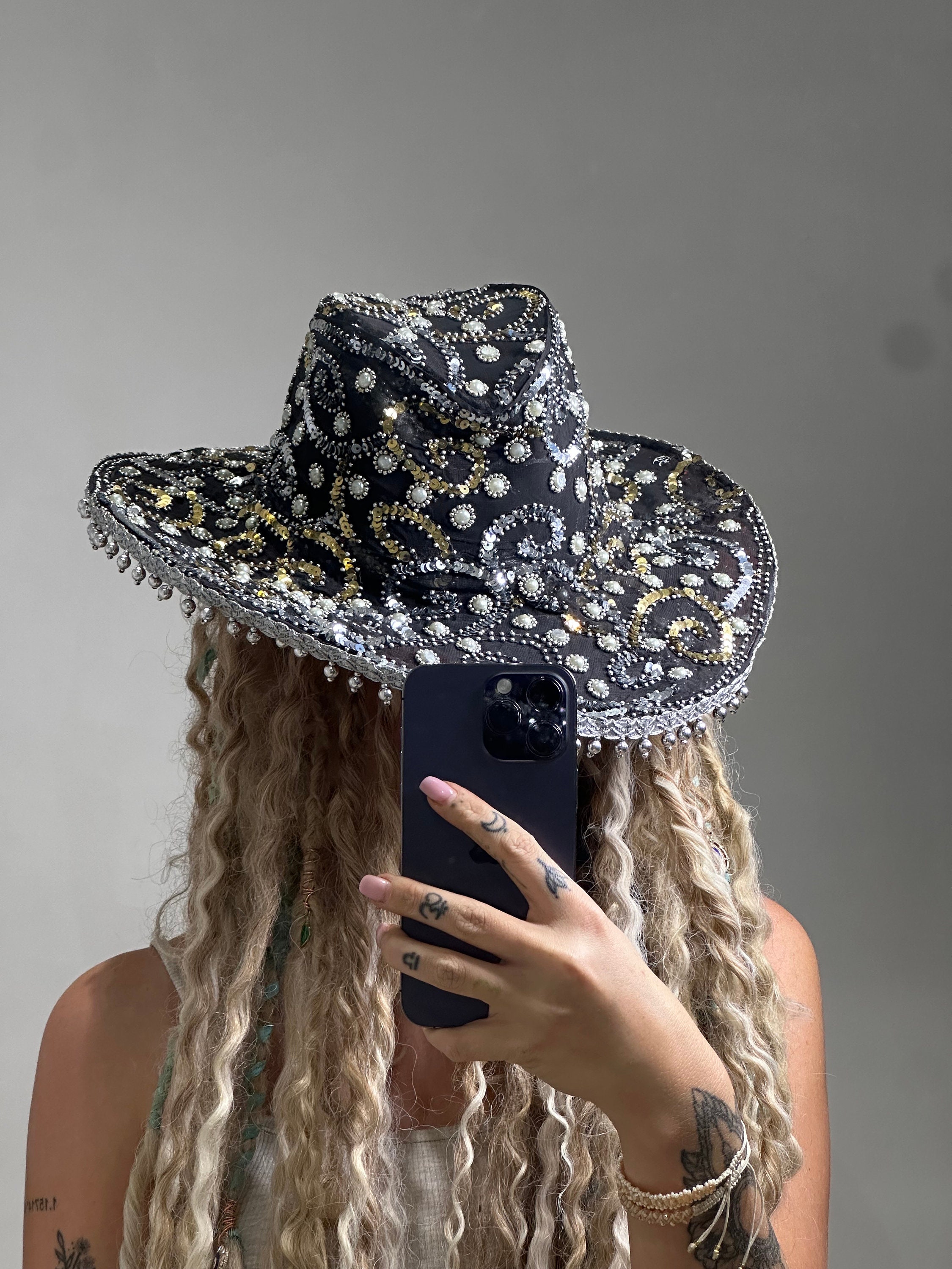 Unique Black Cowboy Hat With Fringe / Embellished With Sequins and ...
