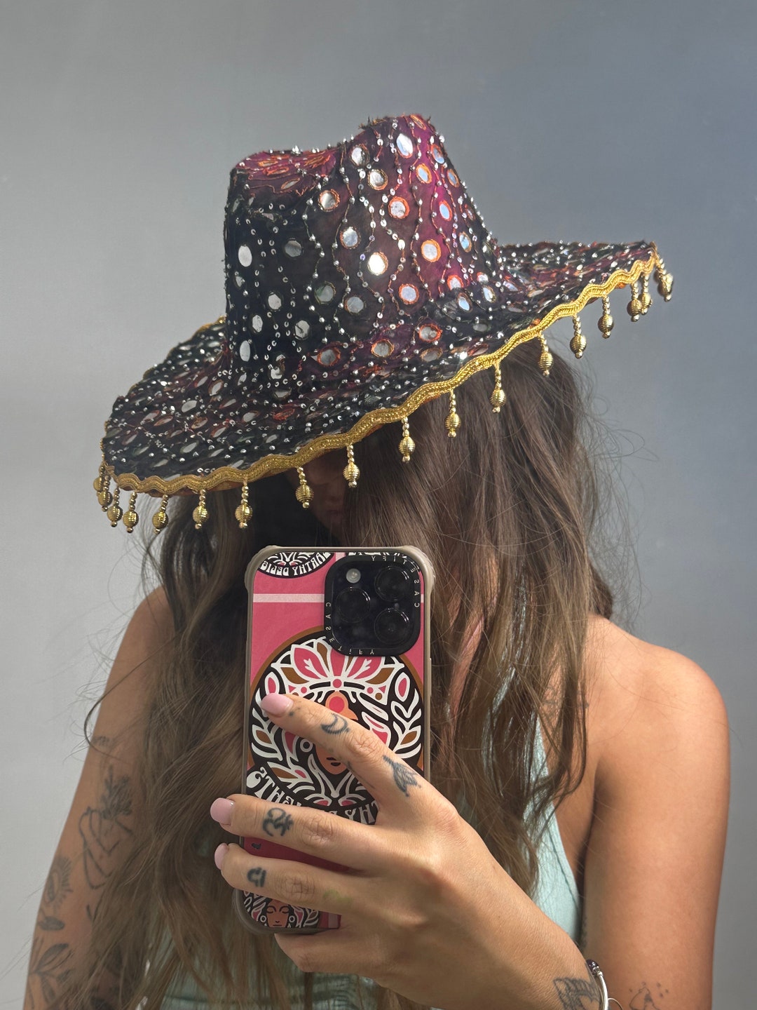 Unique Black Mirrored Cowboy Hat With Fringe / Embellished With Sequins ...