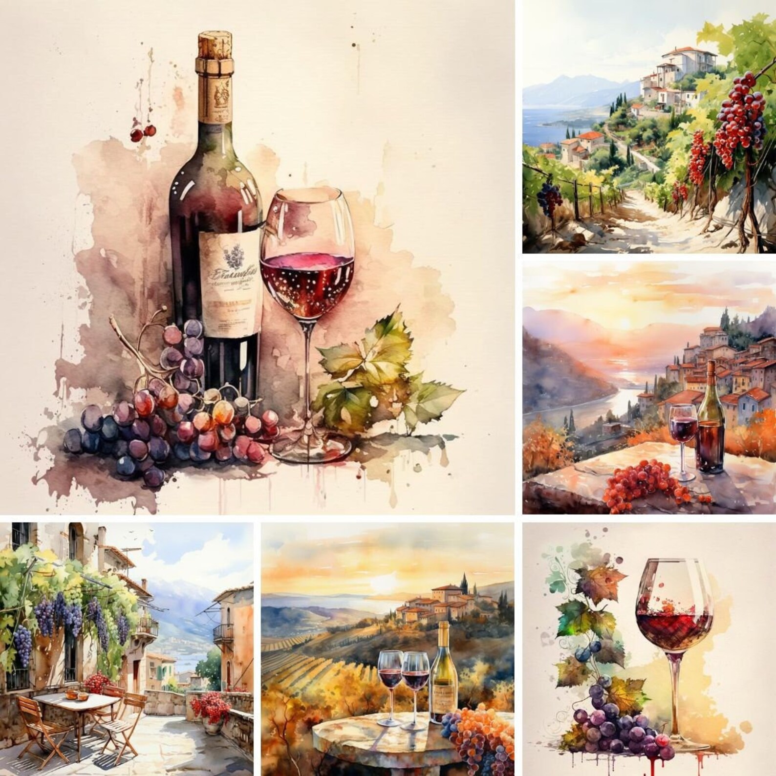 Watercolor Landscape Wine 48 Clipart Bundle Wine Bottle - Etsy