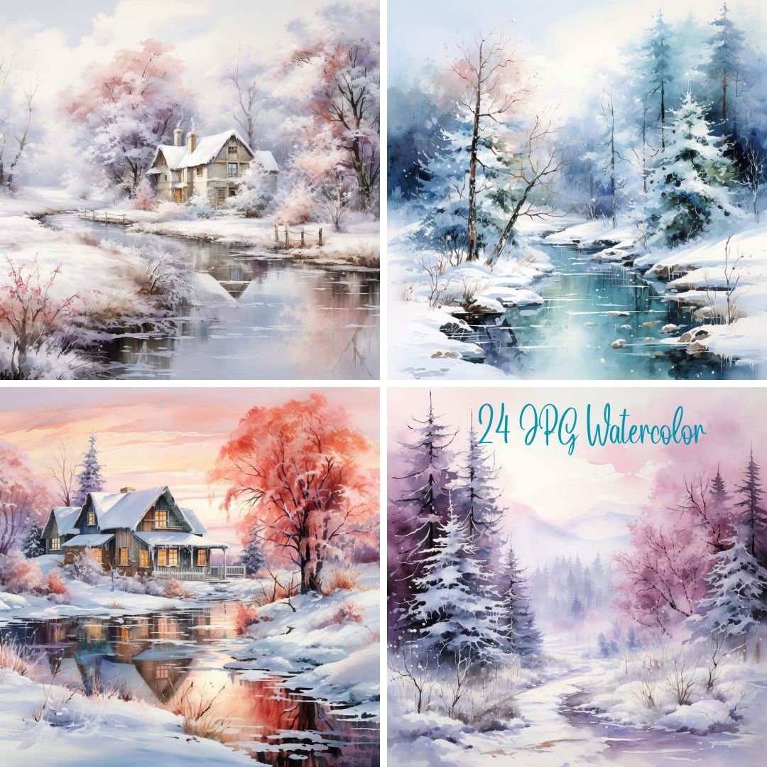 Winter Landscape Print, Watercolor, 24+ Stunning Snow Forest, Clipart ...