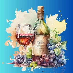 Wine Clipart Bundle Watercolor, 10+ Wine Bottles, Wine Glass and Grapes ...