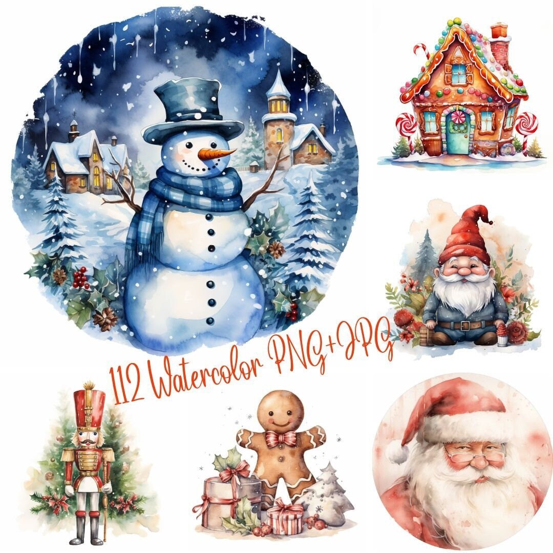 Christmas Clipart Bundle, 112+ Watercolor Santa, Snowmen, Gingerbread ...