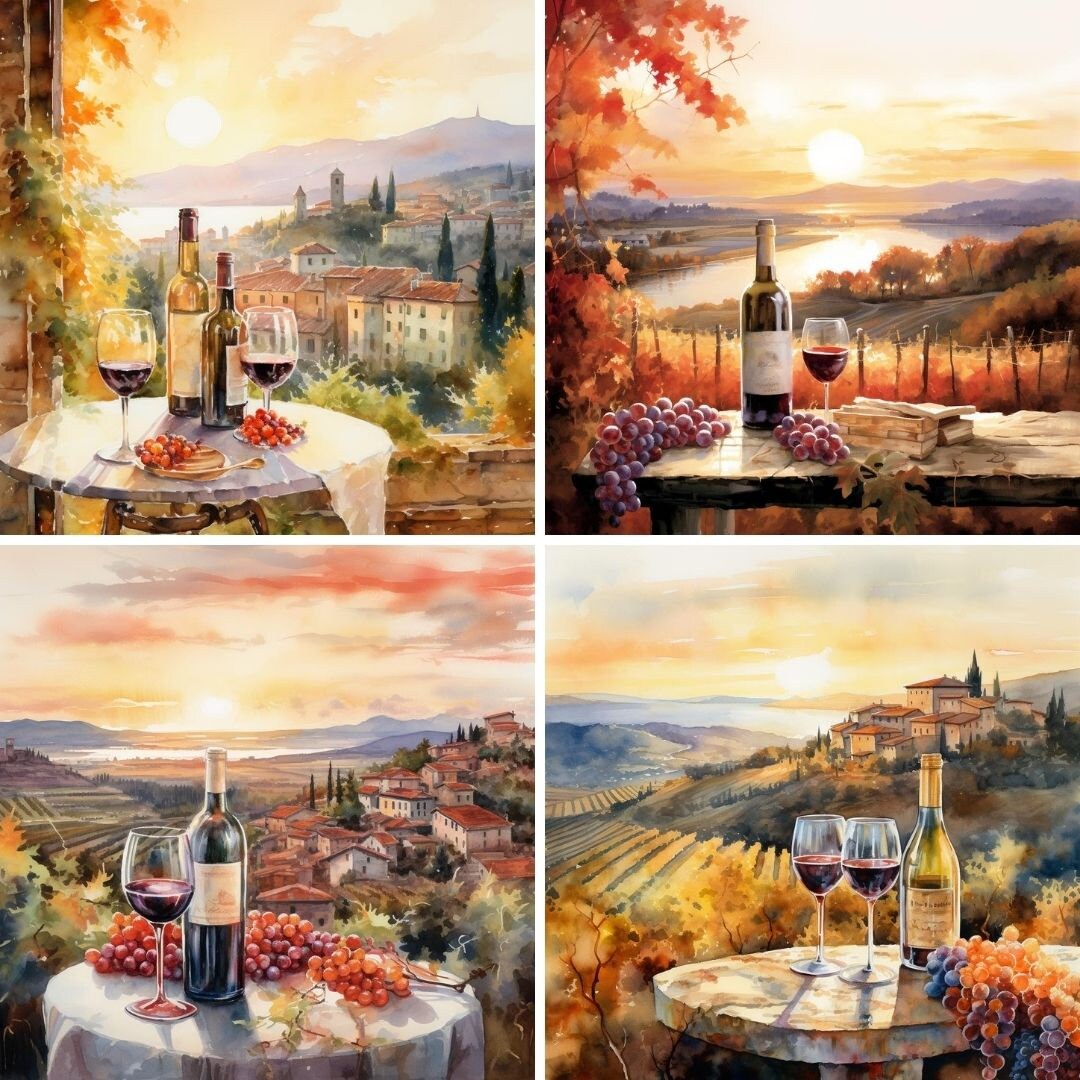 Watercolor Wine Landscape, 16+ Sunrise Sunset, Grape Vines Scenery ...