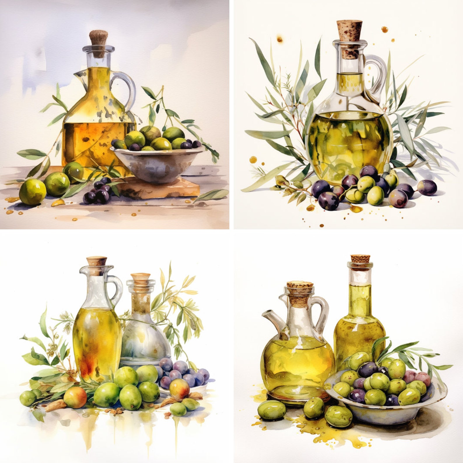 Watercolor Olive Oil Print Art, Mediterranean Wallart (digital Download ...