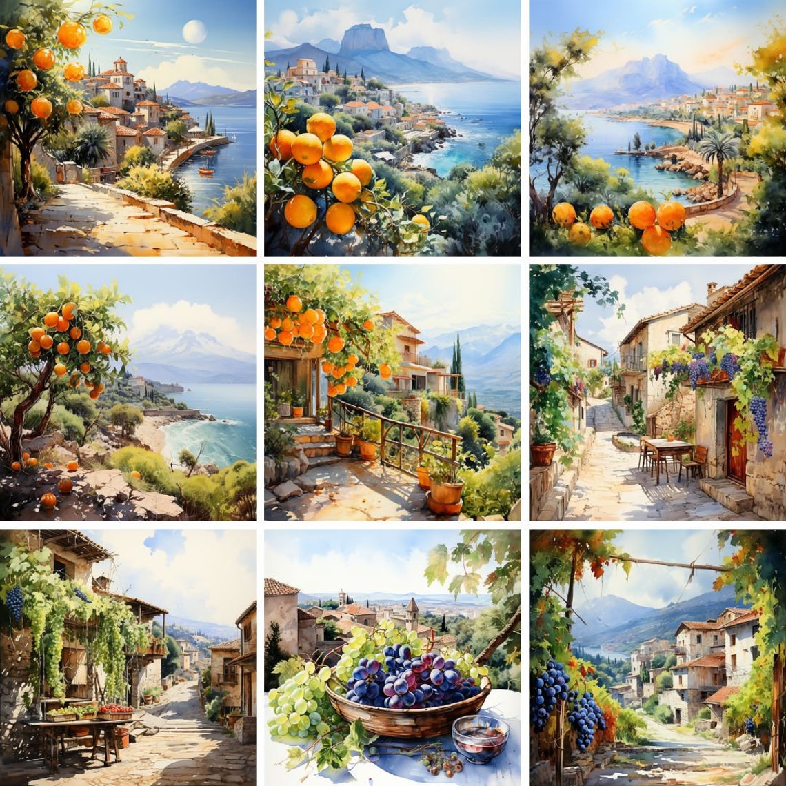 Watercolor Mediterranean Landscape Printart Bundle 60+, Lemon, Olive ...