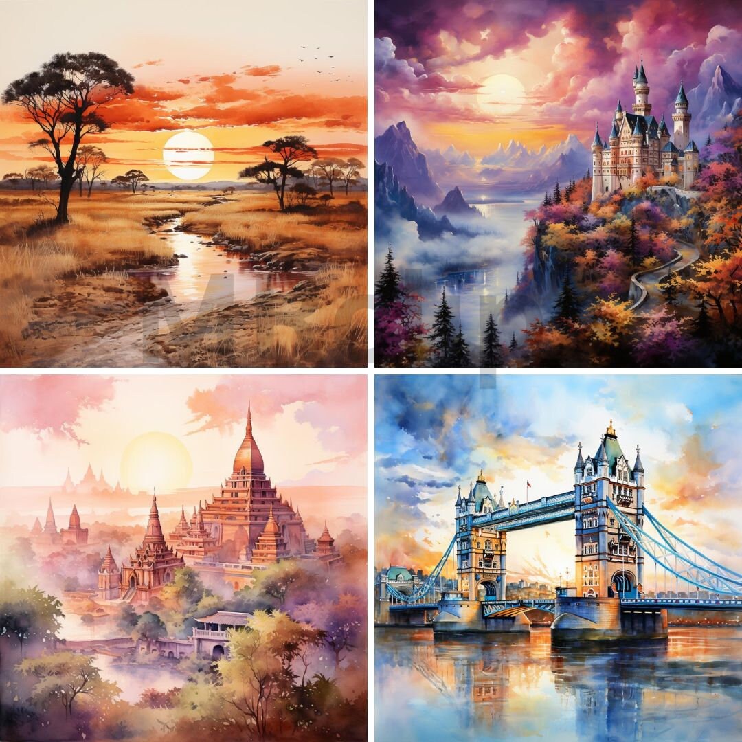 Watercolor Landscape 30 World Map Landmarks Digital Print - Etsy