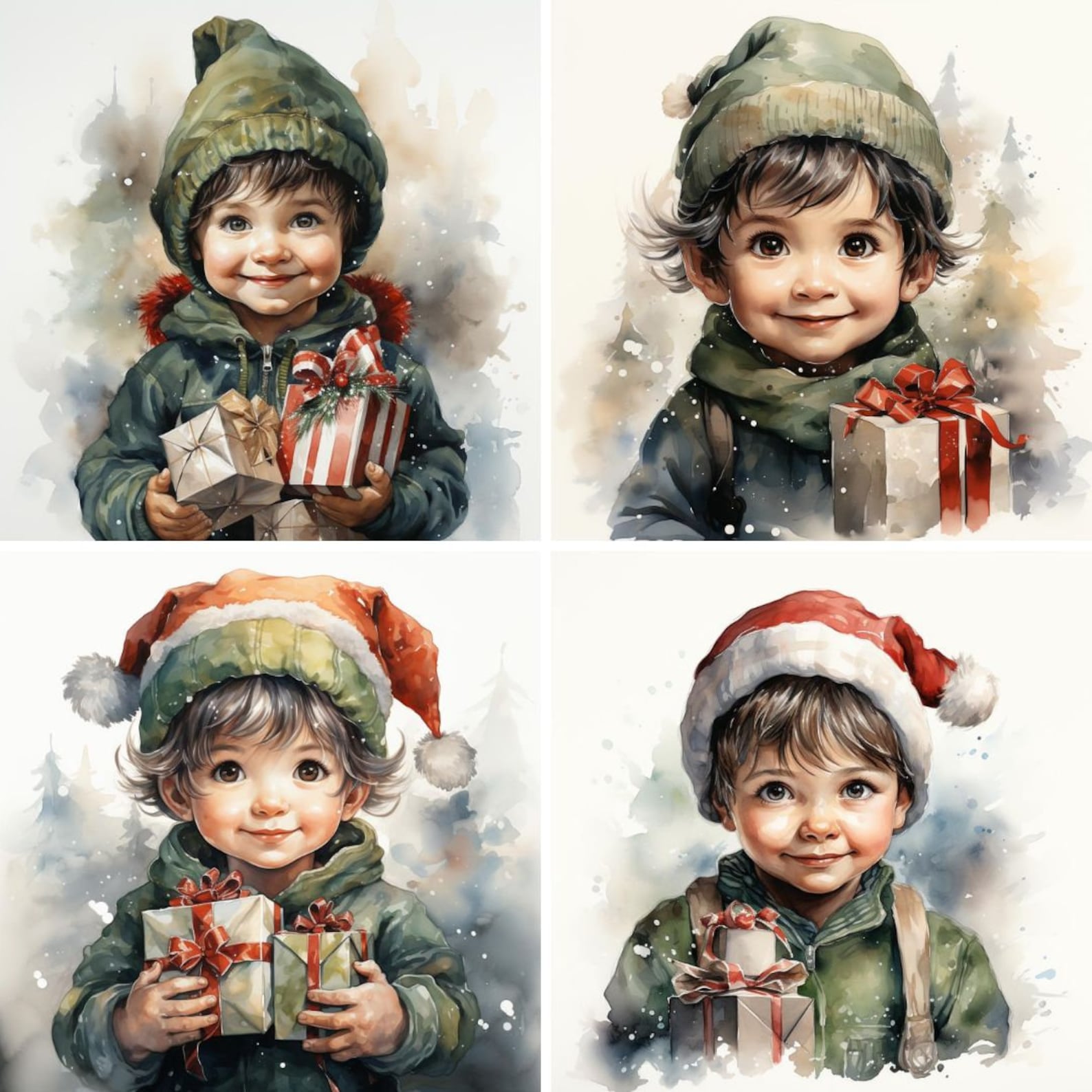 Christmas Watercolor Clipart 16 Merry Christmas Kids Card - Etsy