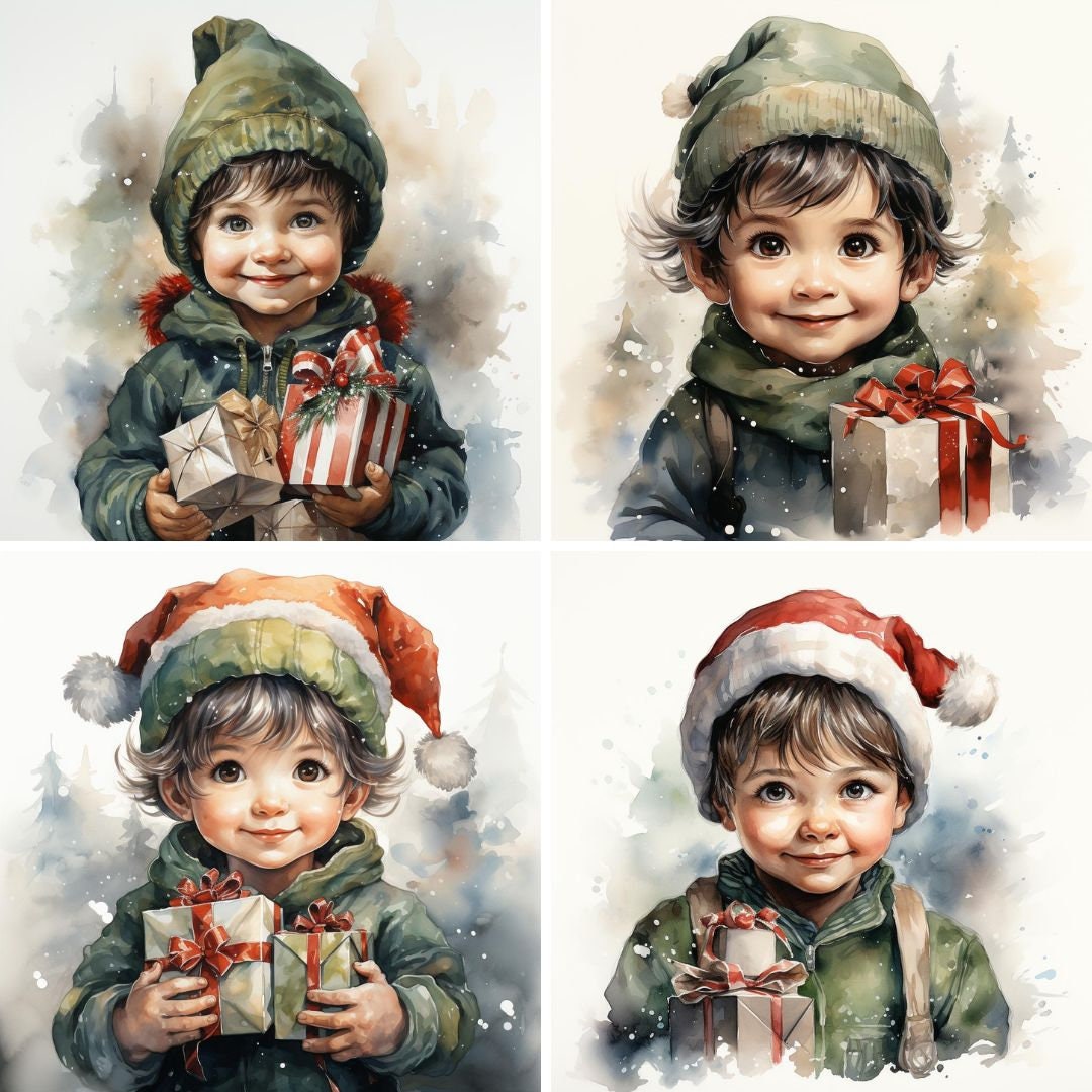 Christmas Watercolor Clipart 16 Merry Christmas Kids Card - Etsy