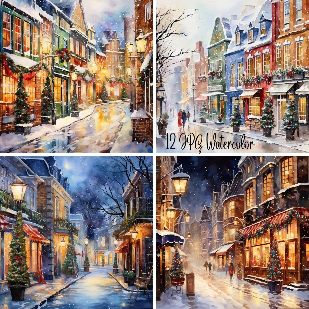 Watercolor Christmas Clipart, Winter Holiday, 12 Snow Alleys, 1/2 Set ...