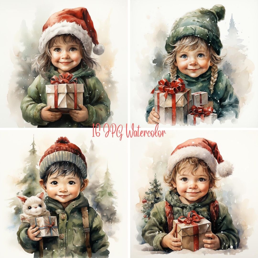 Christmas Watercolor Clipart, 16 Merry Christmas Kids, Card Making ...