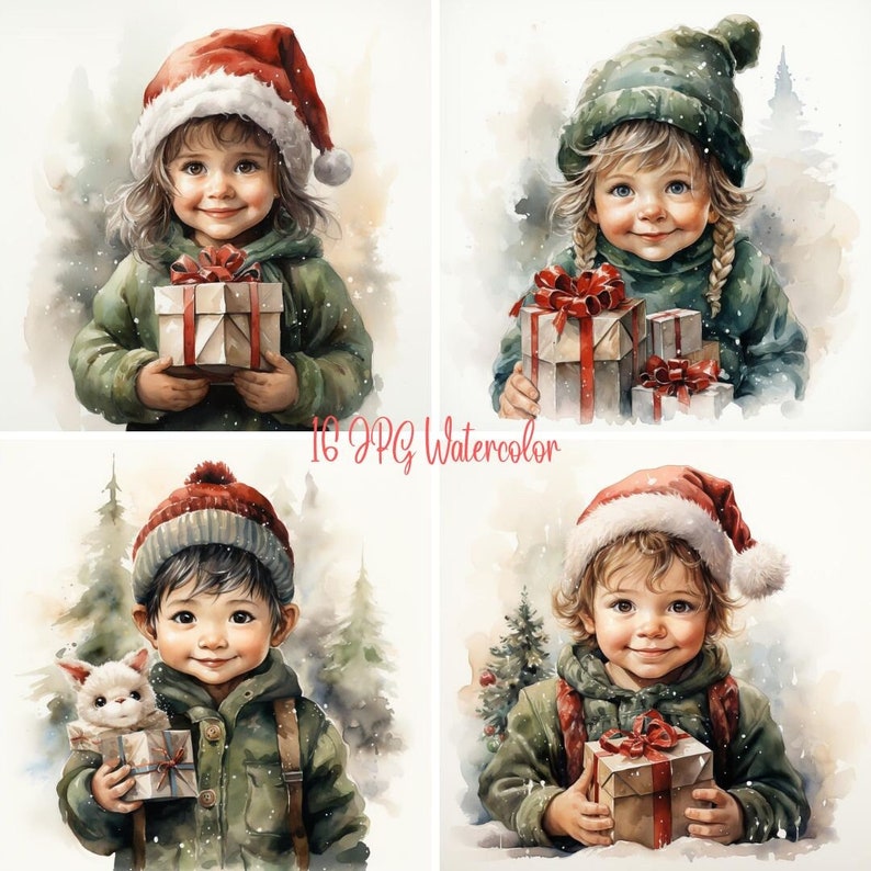 Christmas Watercolor Clipart 16 Merry Christmas Kids Card - Etsy