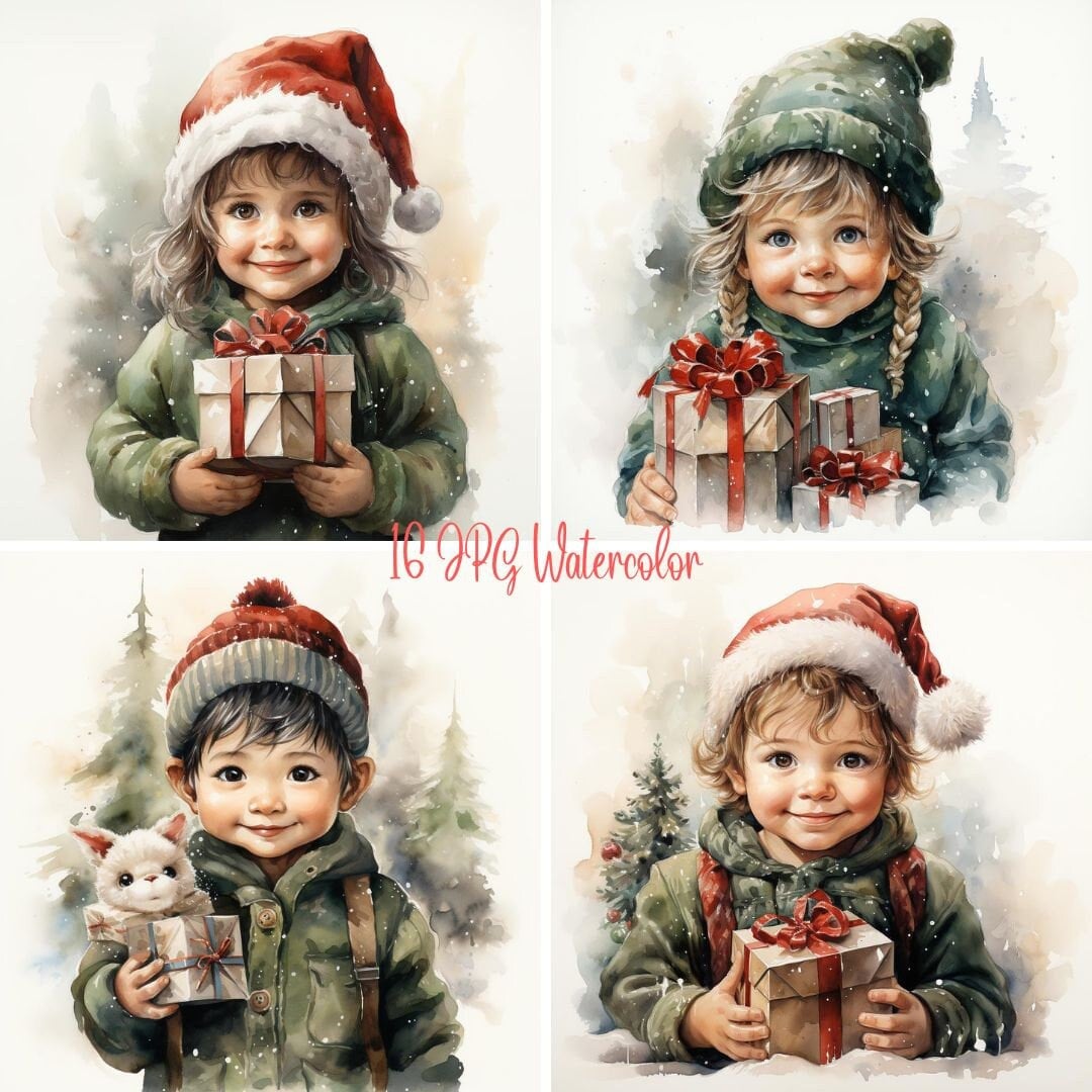 Christmas Watercolor Clipart 16 Merry Christmas Kids Card - Etsy