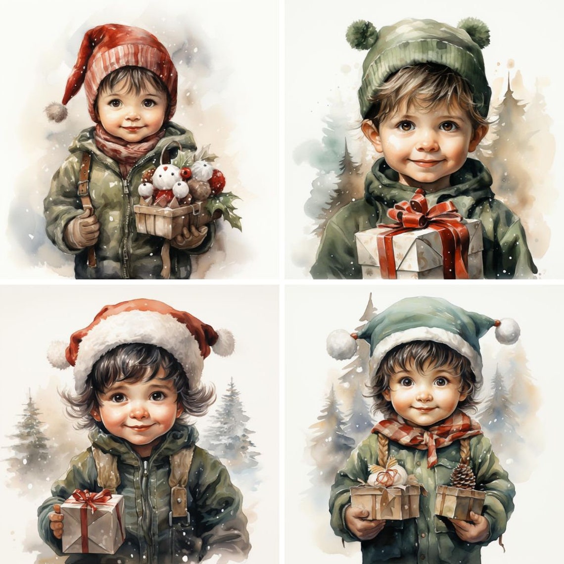 Christmas Watercolor Clipart 16 Merry Christmas Kids Card - Etsy