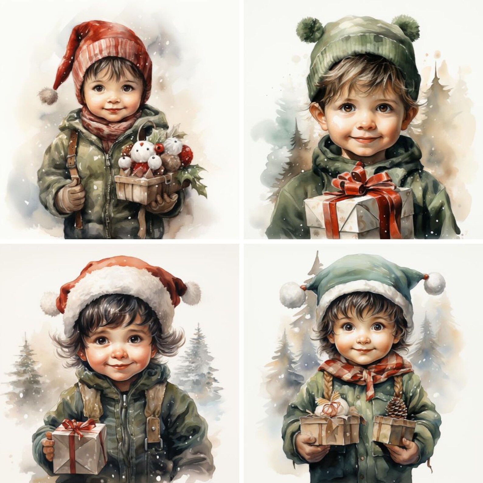 Christmas Watercolor Clipart 16 Merry Christmas Kids Card - Etsy