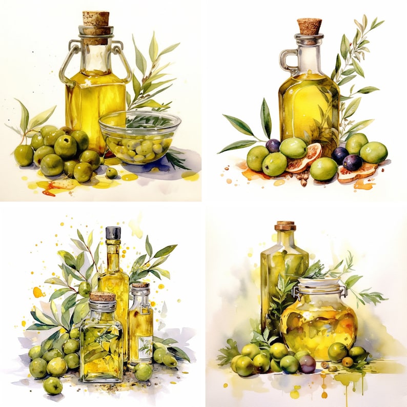 Watercolor Olive Oil Print Art, Mediterranean Wallart (digital Download ...