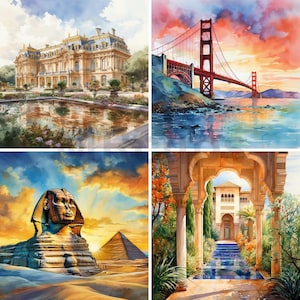 Watercolor Landscape, 30+ World Map Landmarks, Digital Print, Clipart ...