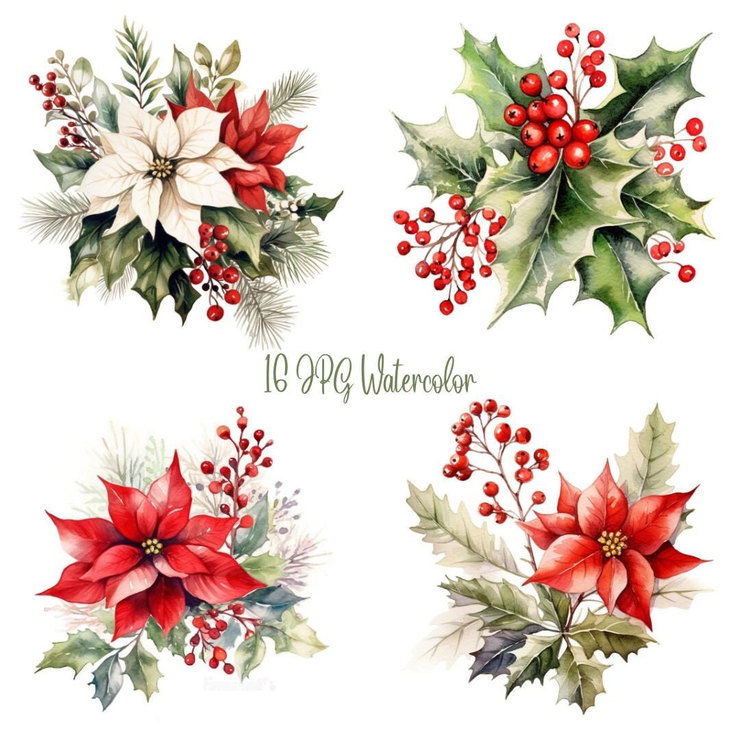Watercolor Christmas Flower Clipart: 16 Holiday Bouquets (JPG Digital ...