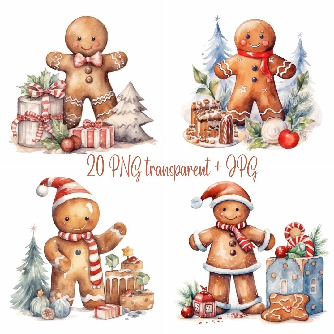Gingerbread Man Clipart Bundle, 20+ Christmas Watercolor Cookies, Card ...