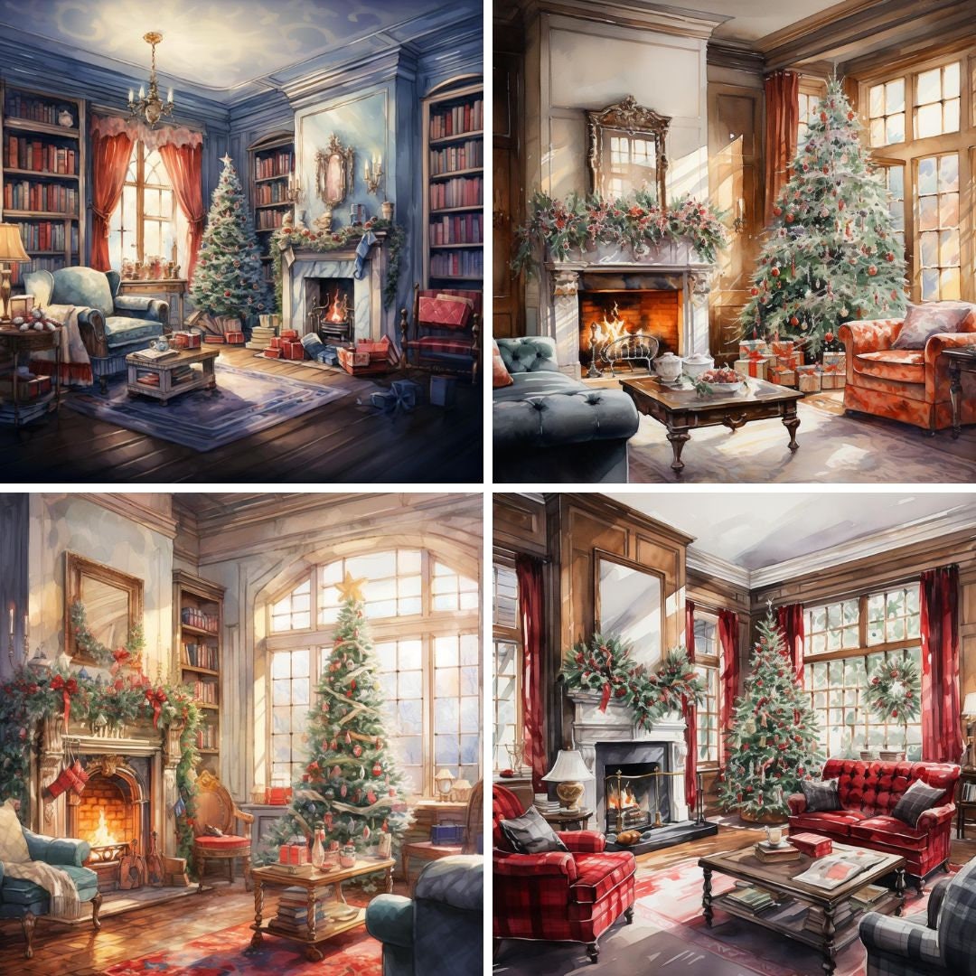 Christmas Rooms Clipart 16 Watercolor Cozy Rooms Digital - Etsy