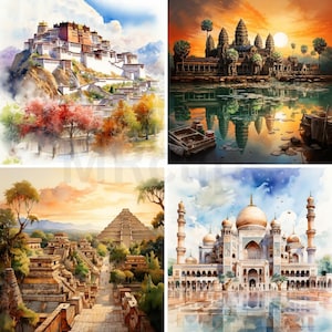 Watercolor Landscape, 30+ World Map Landmarks, Digital Print, Clipart ...