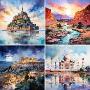 Watercolor Landscape, 30+ World Map Landmarks, Digital Print, Clipart ...