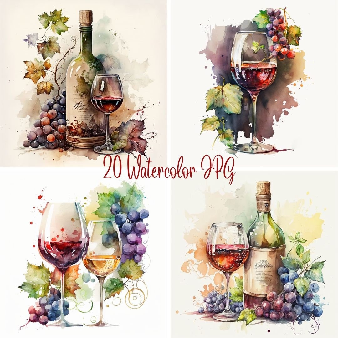 Watercolor Wine Clipart Bundle, 20+ Red and White, Wine Bottle Glass ...