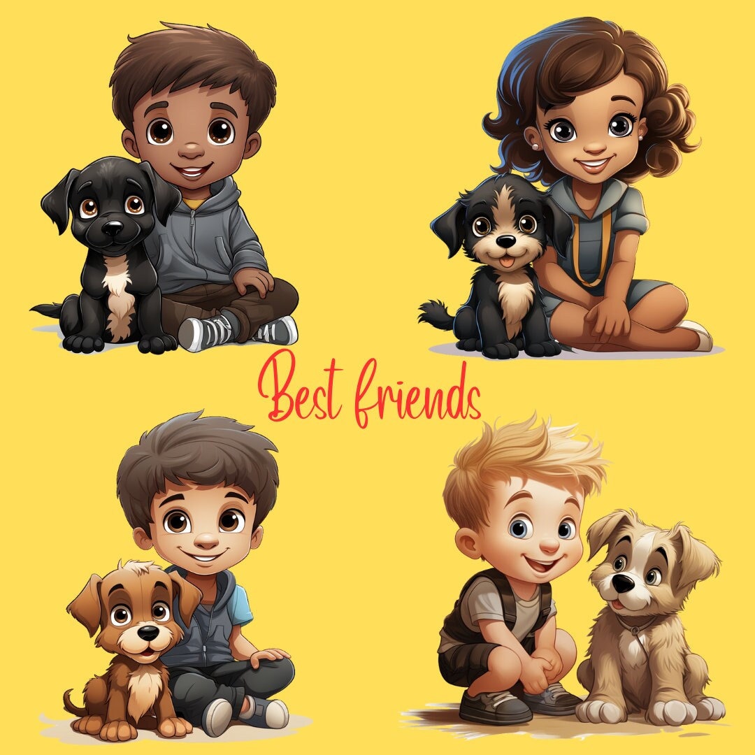 Kids Best Friend Clipart, 11+ Cute Cartoon Dog Boy and Girl, Digital ...