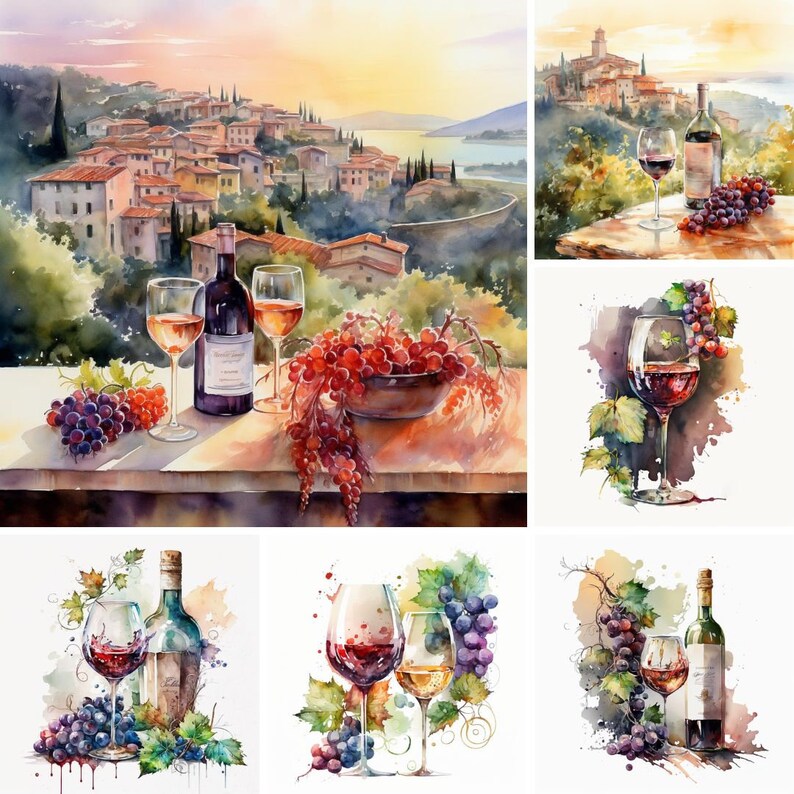 Watercolor Landscape Wine 48 Clipart Bundle Wine Bottle - Etsy