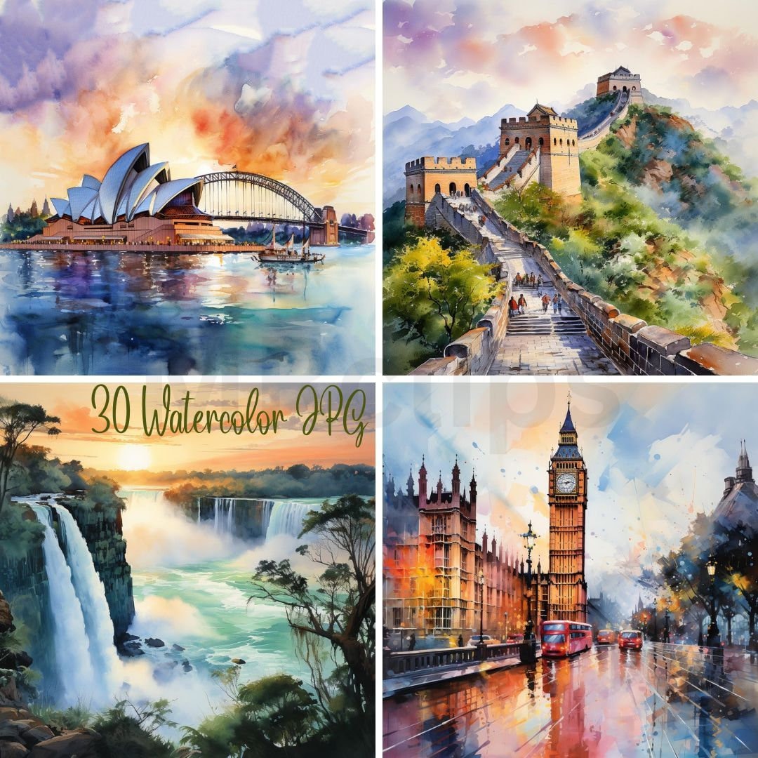 Watercolor Landscape, 30+ World Map Landmarks, Digital Print, Clipart ...