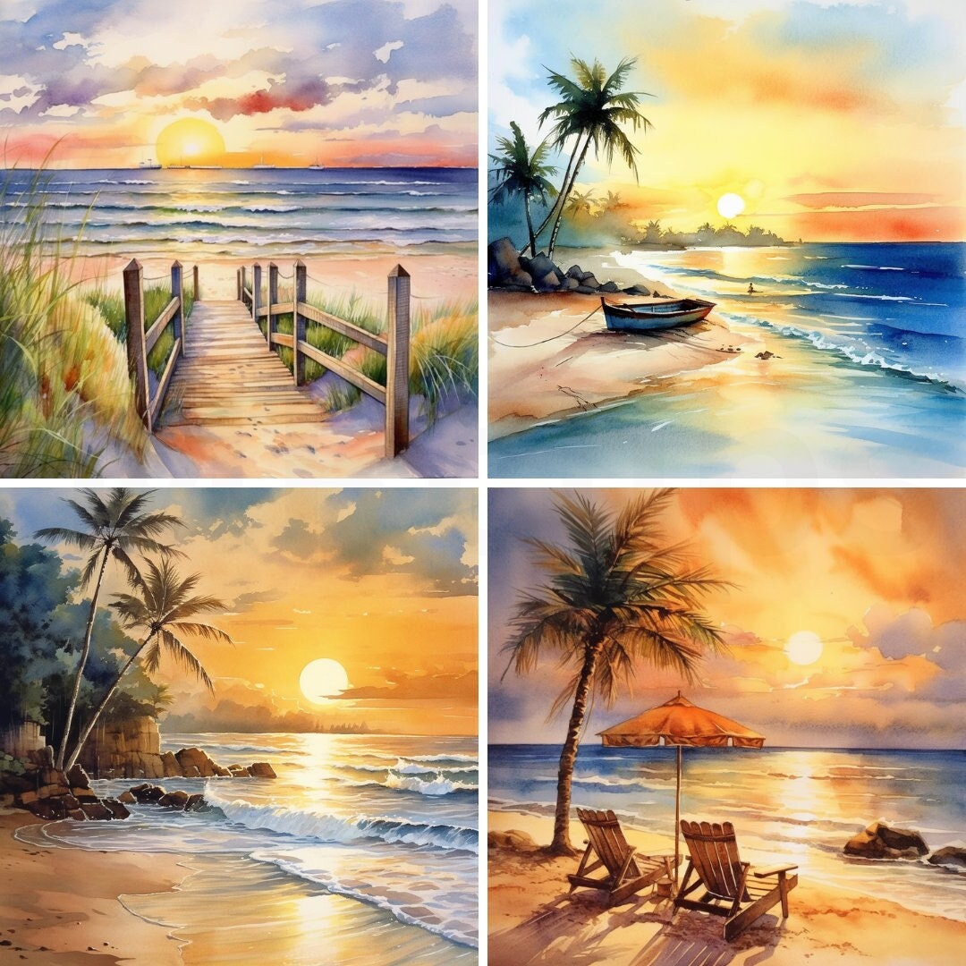 Watercolor Beach Sunset 12 Landscape Ocean Nature Sunrise - Etsy