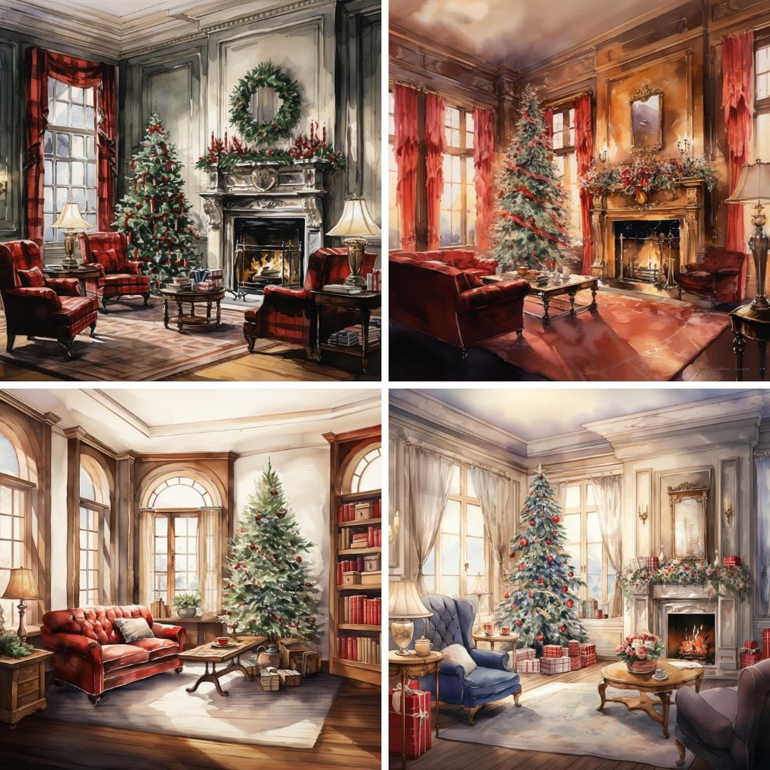 Christmas Rooms Clipart 16 Watercolor Cozy Rooms Digital - Etsy