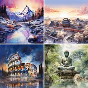 Watercolor Landscape, 30+ World Map Landmarks, Digital Print, Clipart ...