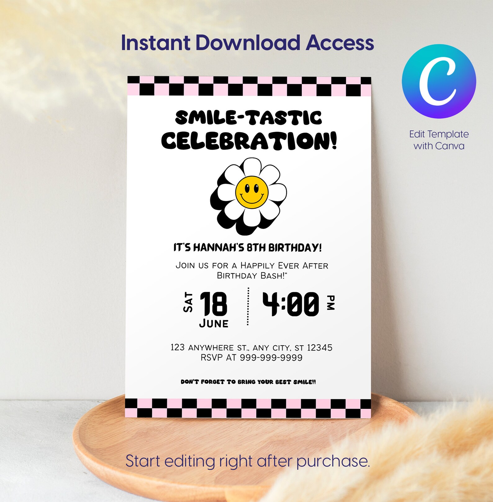 Smiley Digital Birthday Invitation | Happy Face Preppy Printable Invite ...