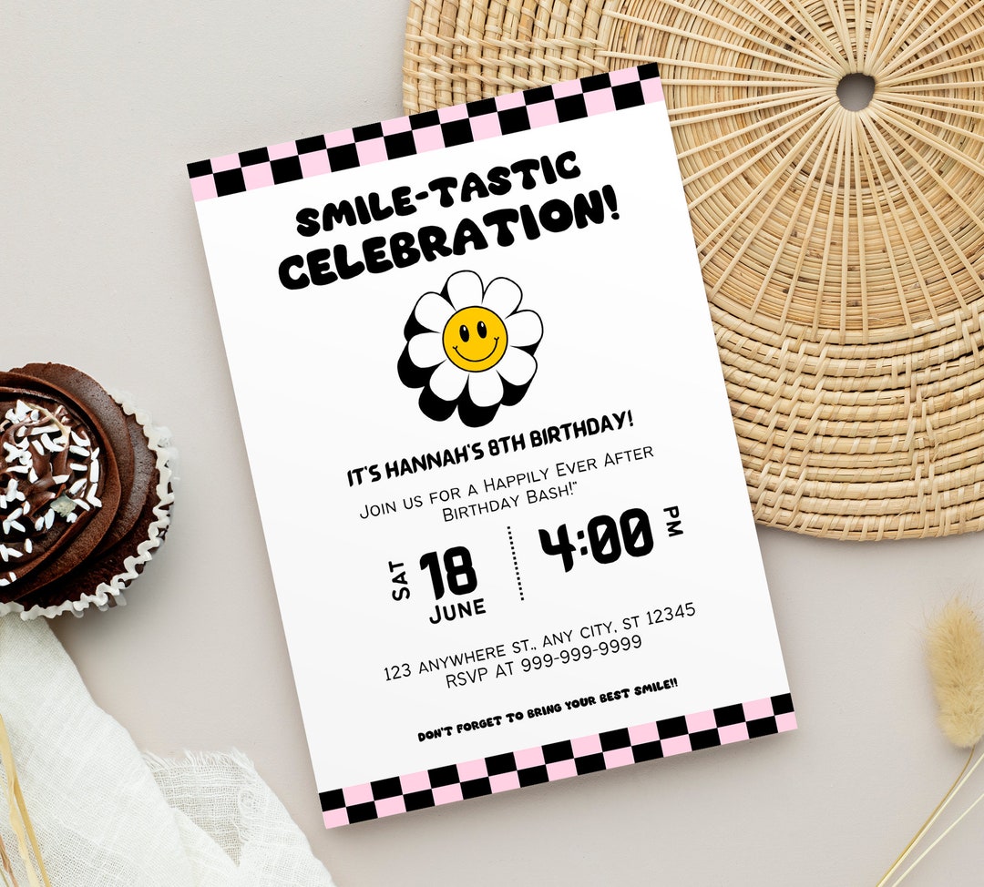 Smiley Digital Birthday Invitation | Happy Face Preppy Printable Invite ...