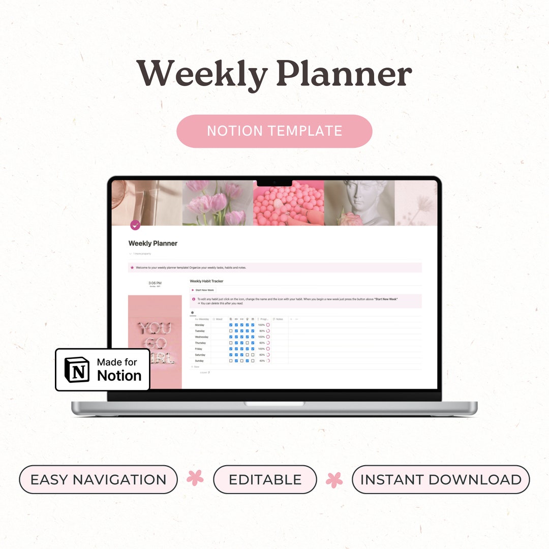 Notion Template, Notion Dashboard, Aesthetic Pink Weekly Notion ...