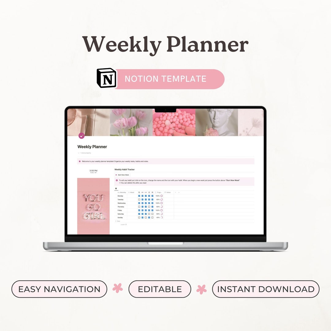 Notion Template Notion Dashboard Aesthetic Pink Weekly - Etsy Finland