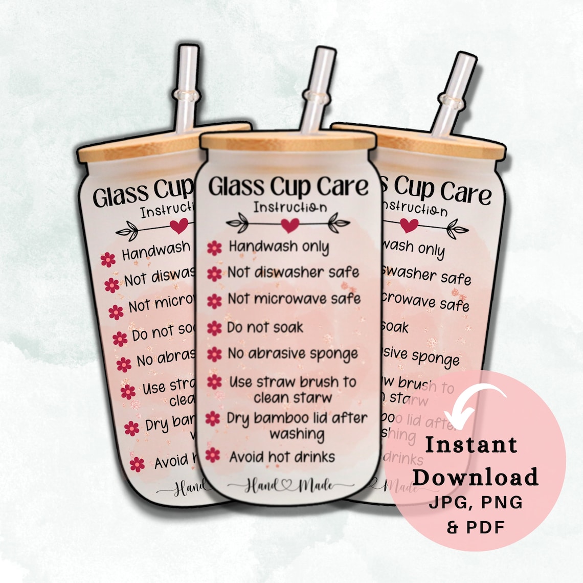 Glass Cup Care Instruction Card: Printable PNG JPG PDF (digital ...