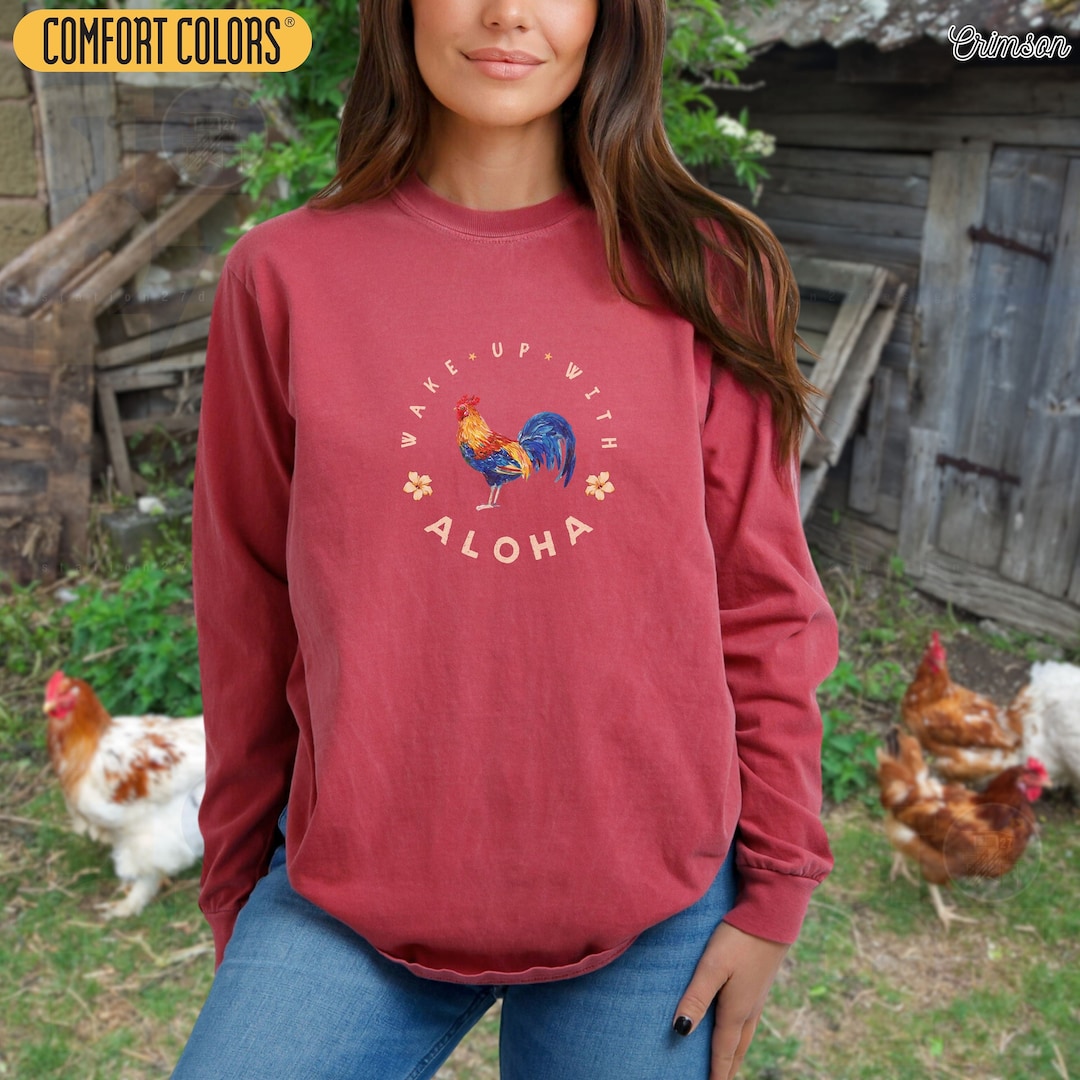 Vintage Rooster Tee, Aloha Rooster Long Sleeve Hawaiian Crewneck T ...