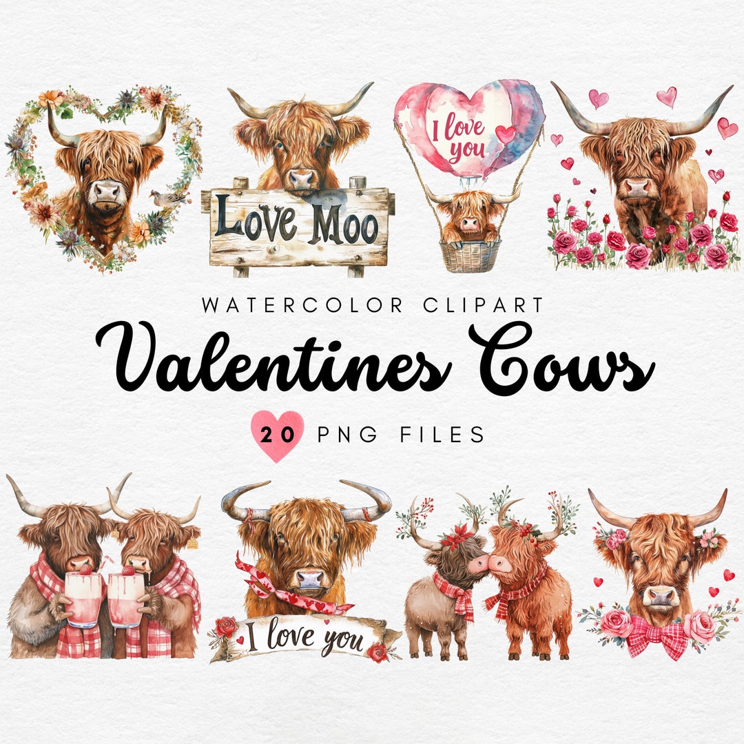 Highland Cow Valentines Day Clipart Bundle 20 Watercolor Valentines ...