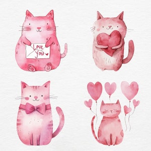 Watercolor Cute Valentine Cats Clipart | 20 Heart Kitty Pngs for Card ...