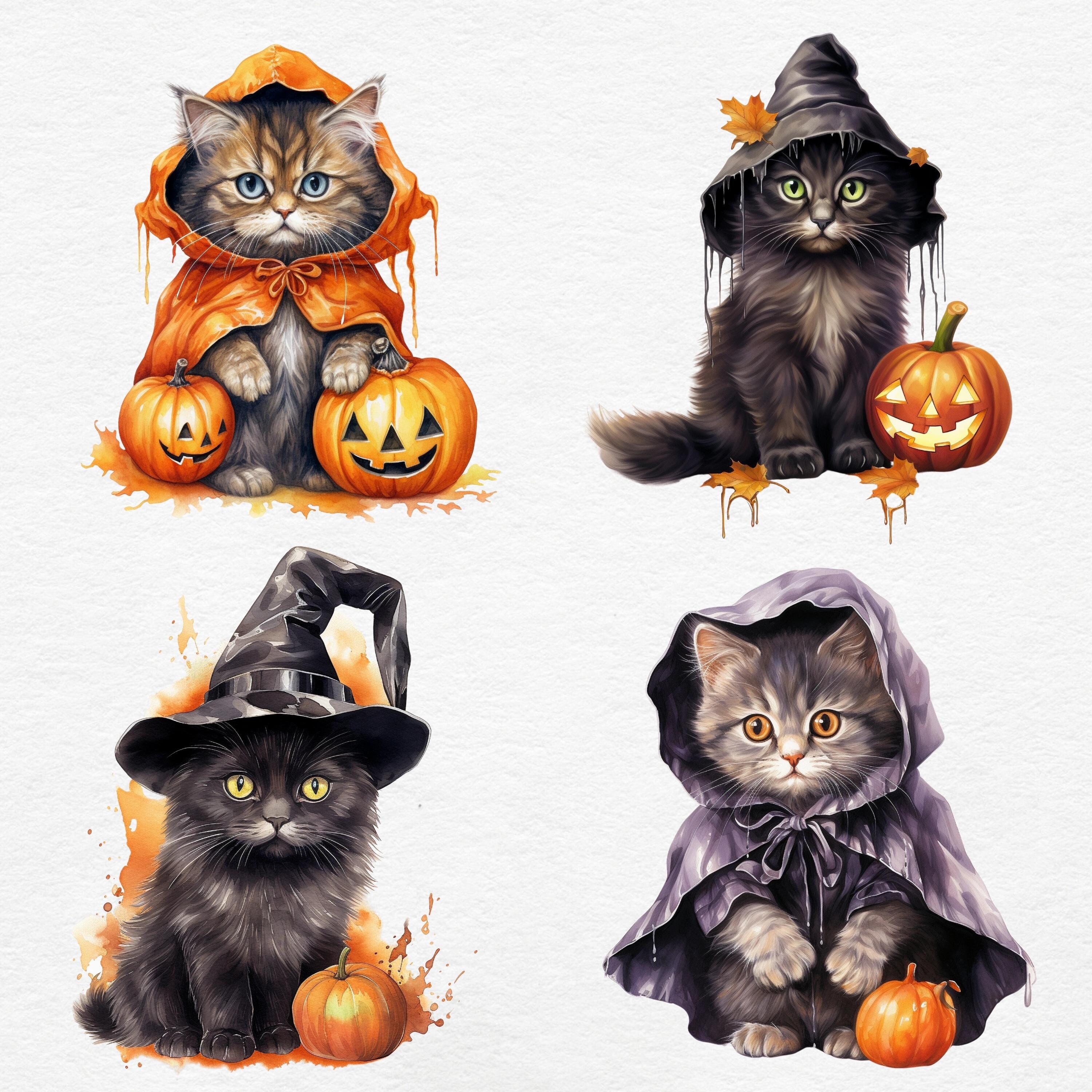 Halloween Cats Clipart Bundle | Watercolor Spooky Cats PNG, Bewitching ...