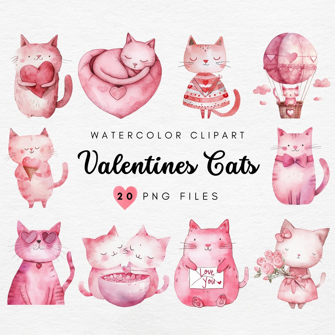 Watercolor Cute Valentine Cats Clipart | 20 Heart Kitty Pngs for Card ...