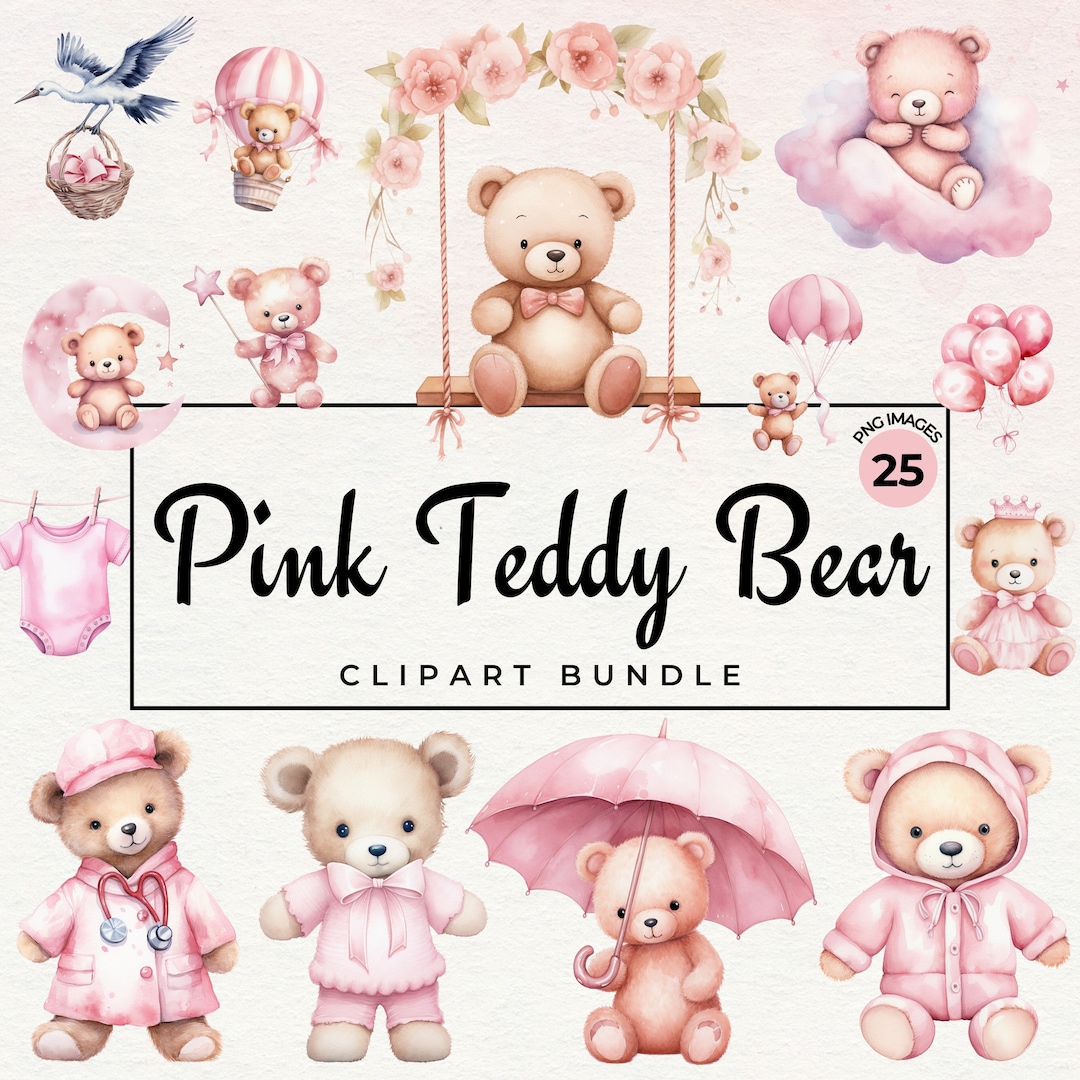 Watercolor Teddy Bear Clipart for Girl | Baby Pink Decor Nursery ...