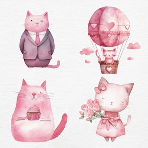 Watercolor Cute Valentine Cats Clipart | 20 Heart Kitty Pngs for Card ...
