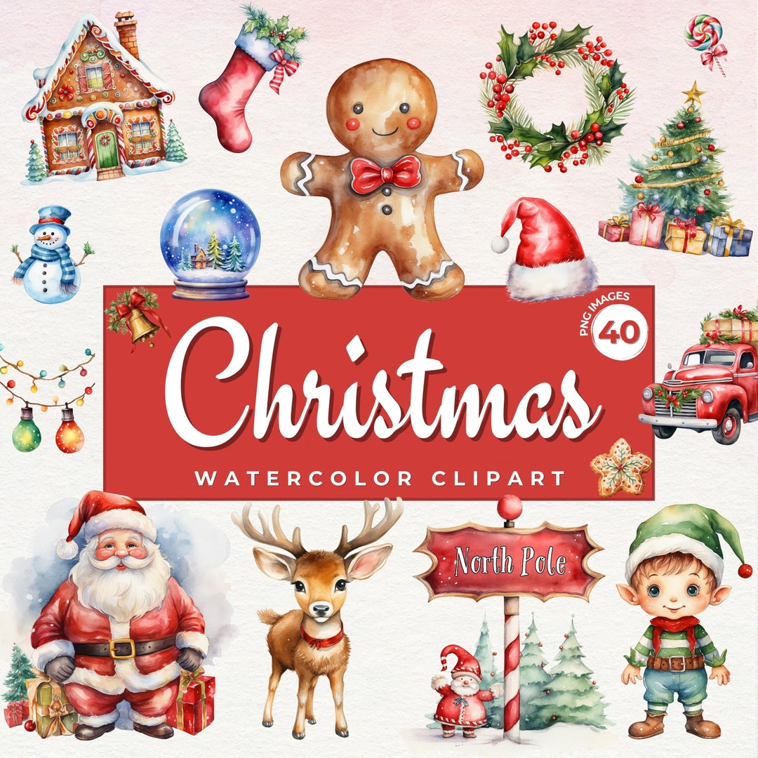 Christmas Clipart Bundle | 40 Watercolor Christmas Pngs, Winter Clipart ...