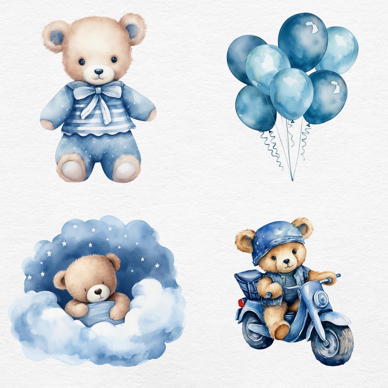 Watercolor Teddy Bear Clipart: Blue Baby Shower PNG Bundle (commercial ...