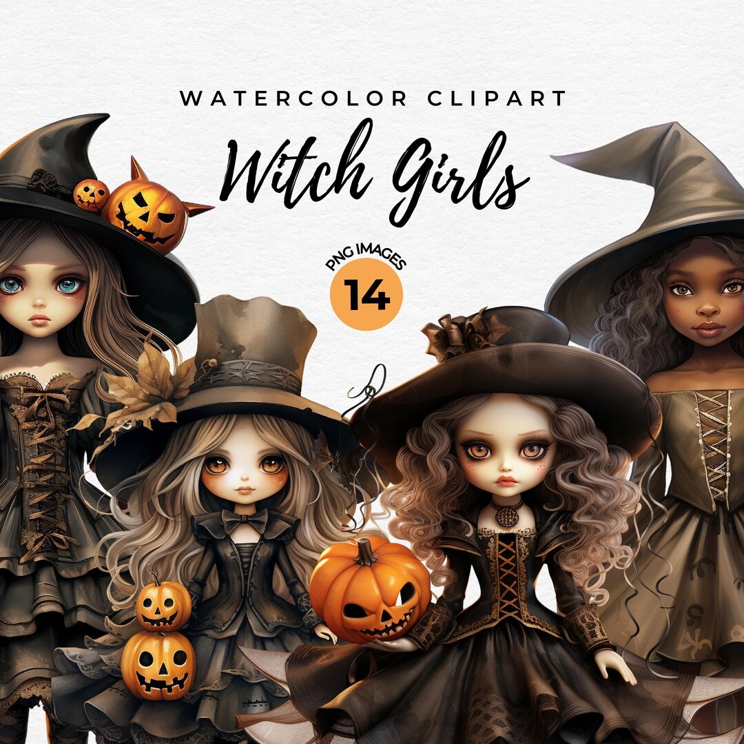 Halloween Witch Girls Clipart Bundle Watercolor Witch - Etsy