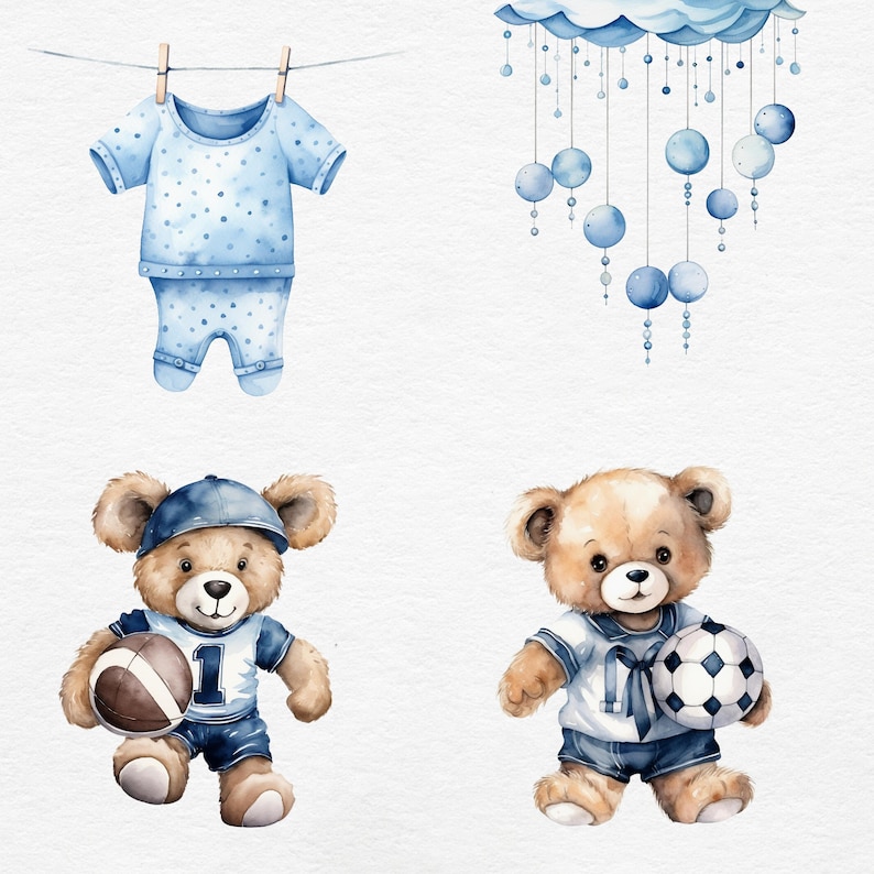 Watercolor Teddy Bear Clipart: Blue Baby Shower PNG Bundle (commercial ...