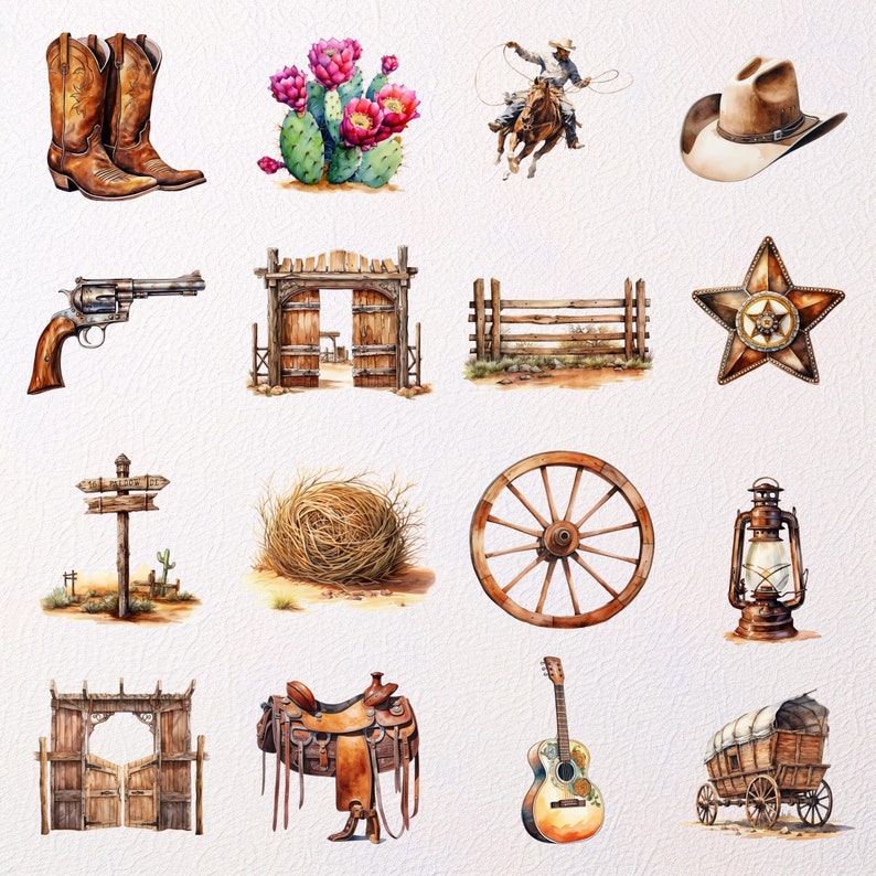 Watercolor Western Clipart - Texas Horse Ranch Cowboy Bundle PNG Format ...