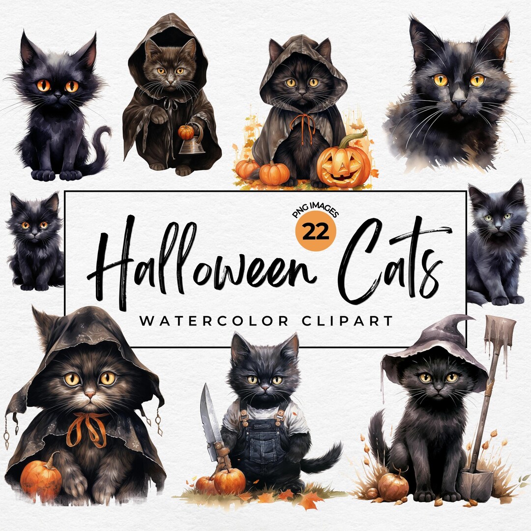 Halloween Black Cats Clipart | 22 Watercolor Cats PNG Clipart for Paper ...